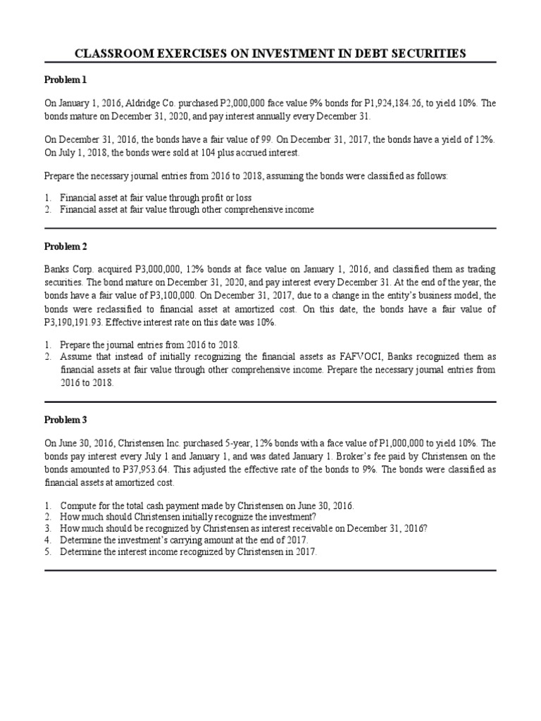 Classroom Exercises On Investment in Debt Securities: Problem 1 | PDF