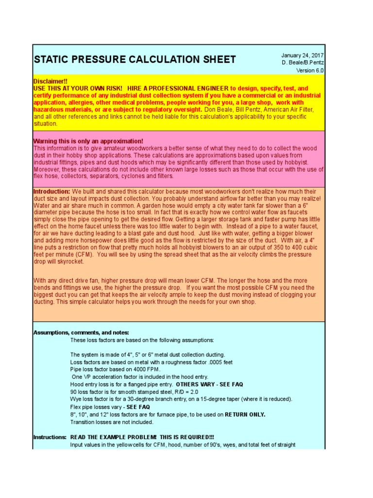 Static Pressure Calculation Sheet: Disclaimer!! Use This at Your Own ...