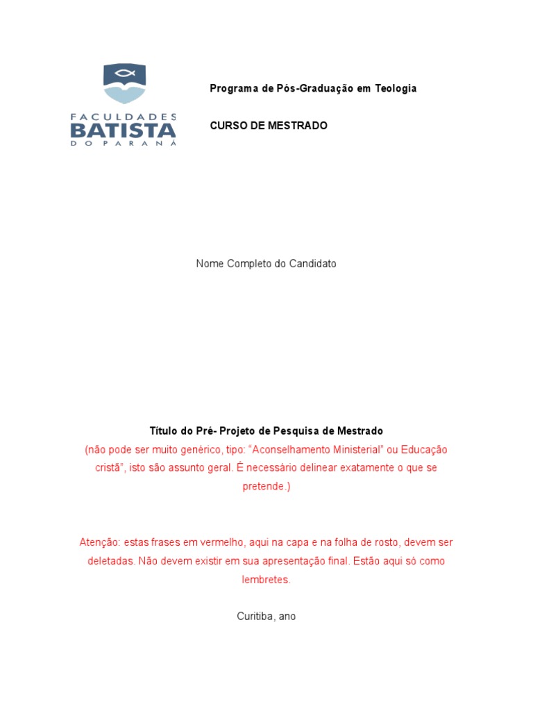 Modelo de Pré Projeto Mestrado 2017 | PDF | Mestrado | Science Modelo de Pré Projeto Mestrado 2017 | PDF | Mestrado | Science