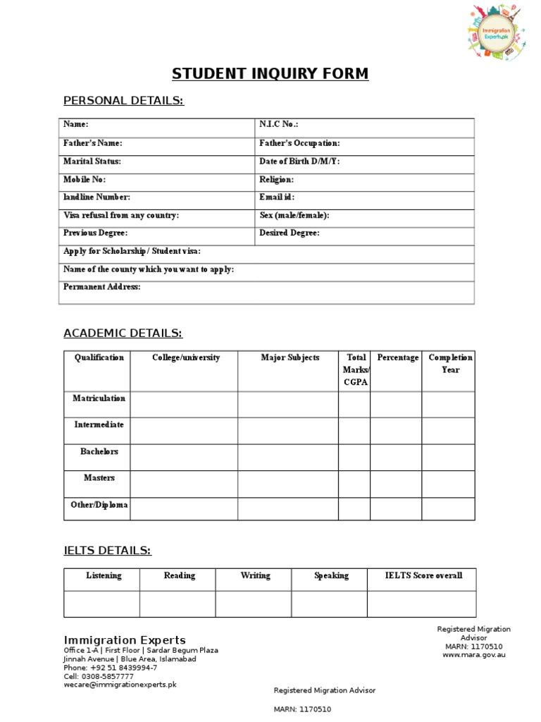 Student Inquiry Form: Personal Details | PDF