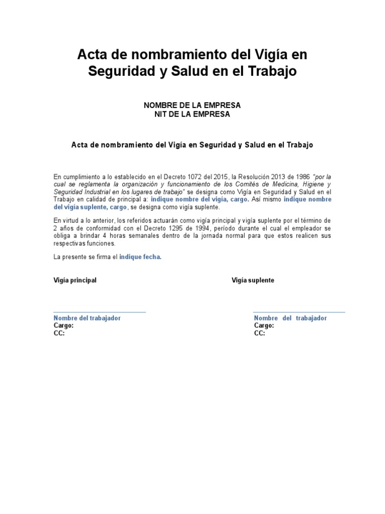 Acta de Nombramiento Del Vigía SST | PDF