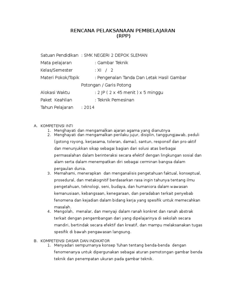 RPP XI-2 Pengenalan Tanda Dan Letak Hasil Gambar Potongan (Garis Potong ...