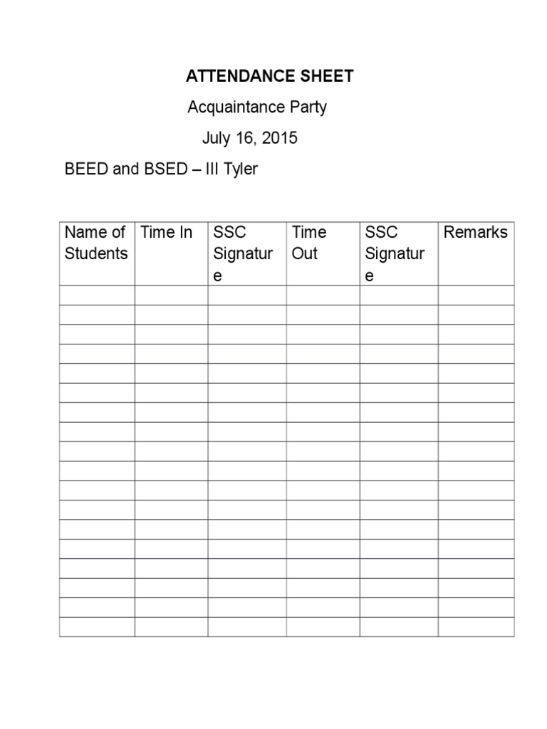 July 16, 2015 Beed and Bsed - Iii Tyler: Attendance Sheet Acquaintance Party | PDF
