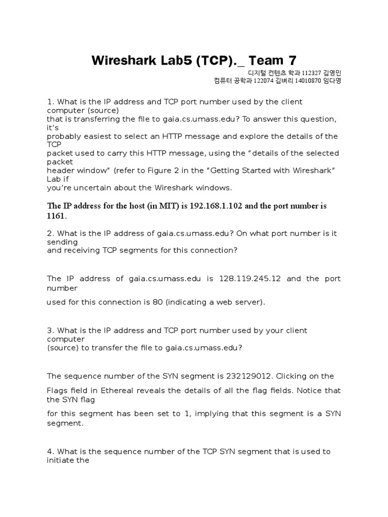 Team Work With Wireshark Lab5 (TCP) | PDF | Transmission Control Protocol | Communications Protocols