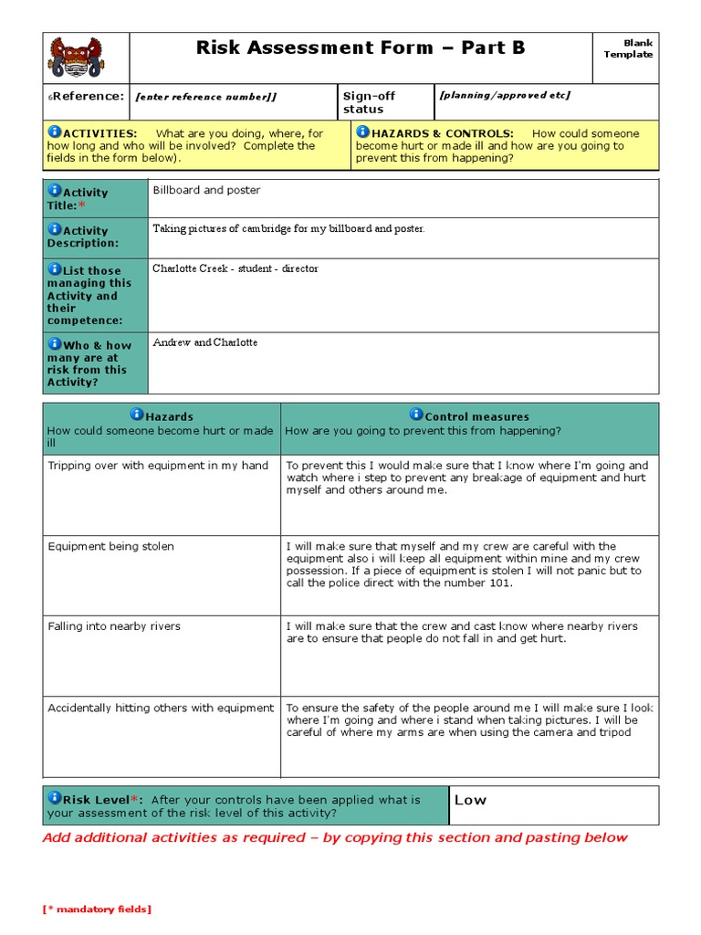 Risk Assessment Form - Part B: Reference: Sign-Off Status | PDF