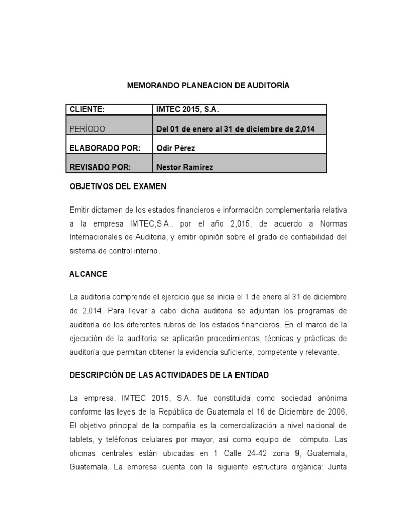 Memorandum de Planeacion de Auditoria | PDF | Auditoría financiera ... Memorandum de Planeacion de Auditoria | PDF | Auditoría financiera ...