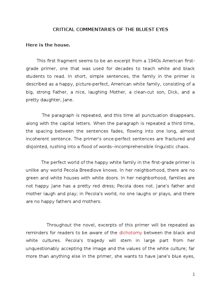 Critical Commentaries of The Bluest Eyes: Dichotomy | PDF
