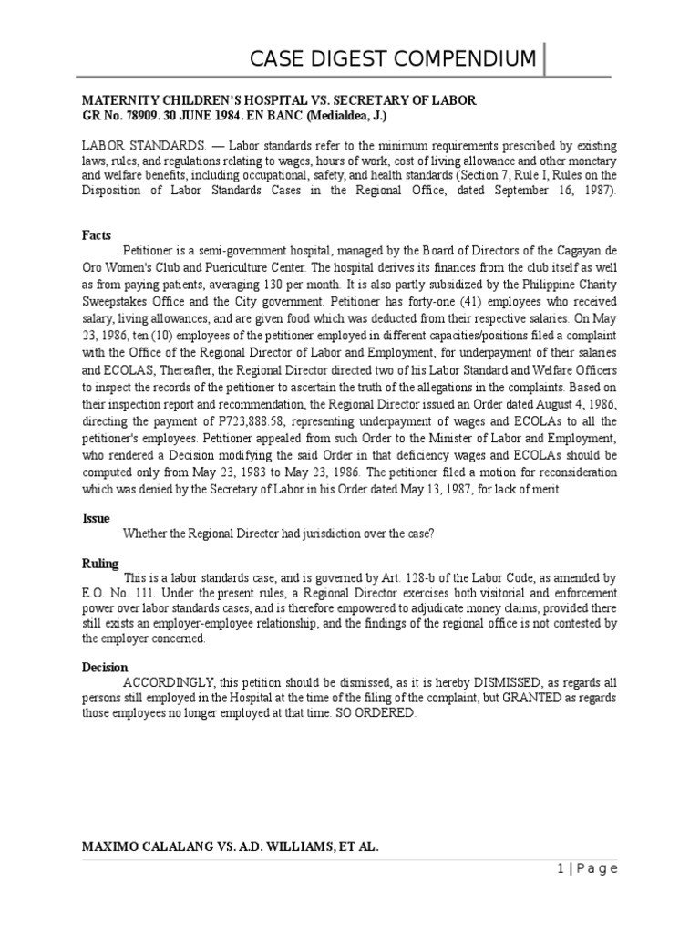 Labor Standards Case Digest Summary | PDF | Employment | Demurrer