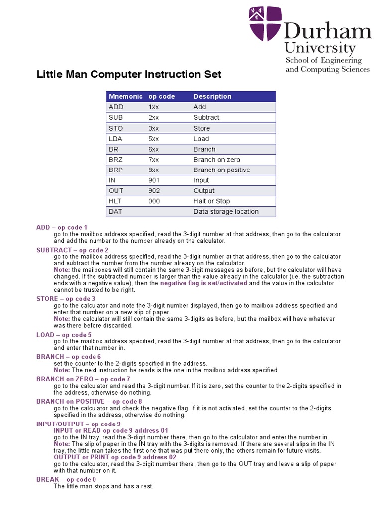 LMC Instruction Set | PDF | Computer Science | Digital Electronics