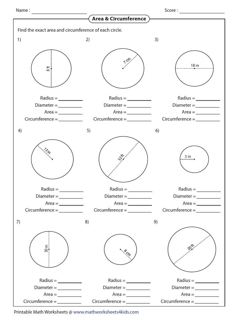 Area and Circumference of A Circle Practice 1-10 | PDF