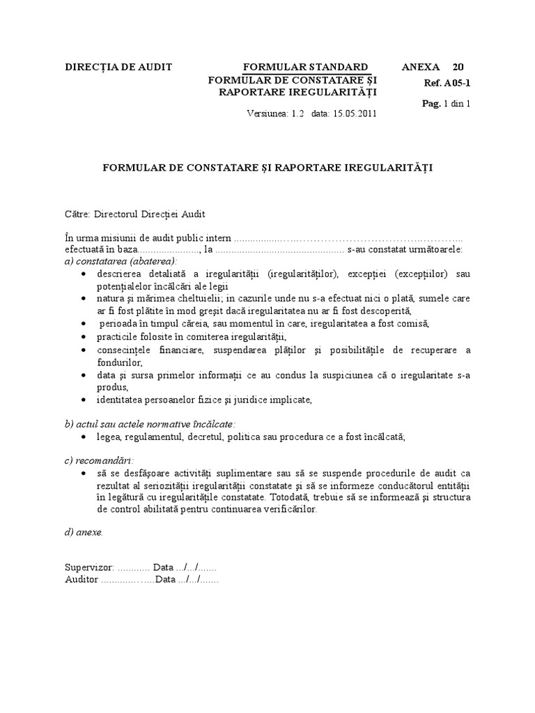 Anexa 20 Formular de Constatare Si Raportare Iregularitati | PDF