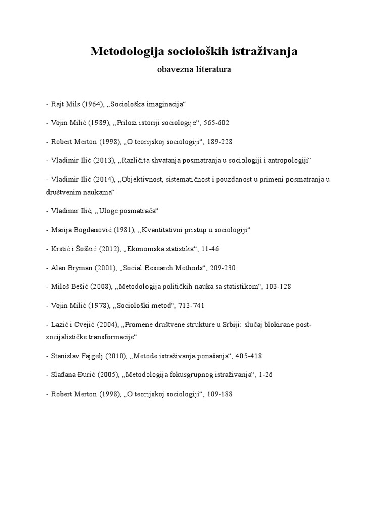 Metodologija Socioloških Istraživanja - Obavezna Literatura | PDF