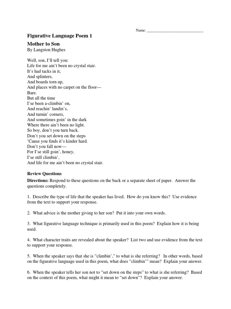 Figurative Language Poem 1 Mother To Son | PDF
