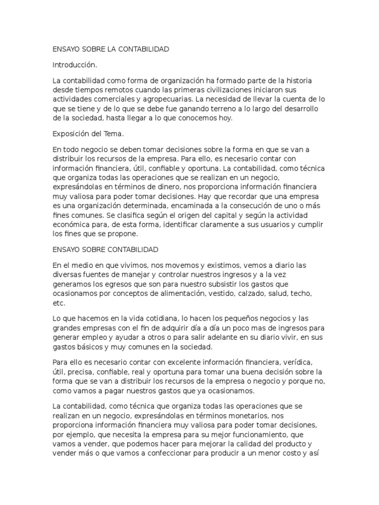 Ensayo Sobre La Contabilidad | Contabilidad | Costo