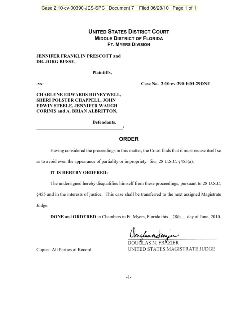 RECUSAL ORDER, Doc. # 7, 06-28-2010 | Judicial Disqualification | Plat