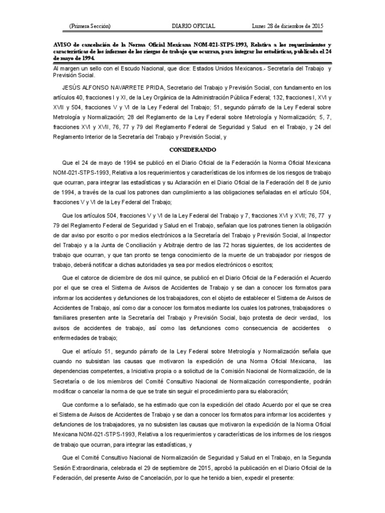 AVISO de Cancelación de La Norma Oficial Mexicana NOM-021-STPS-1993 ...