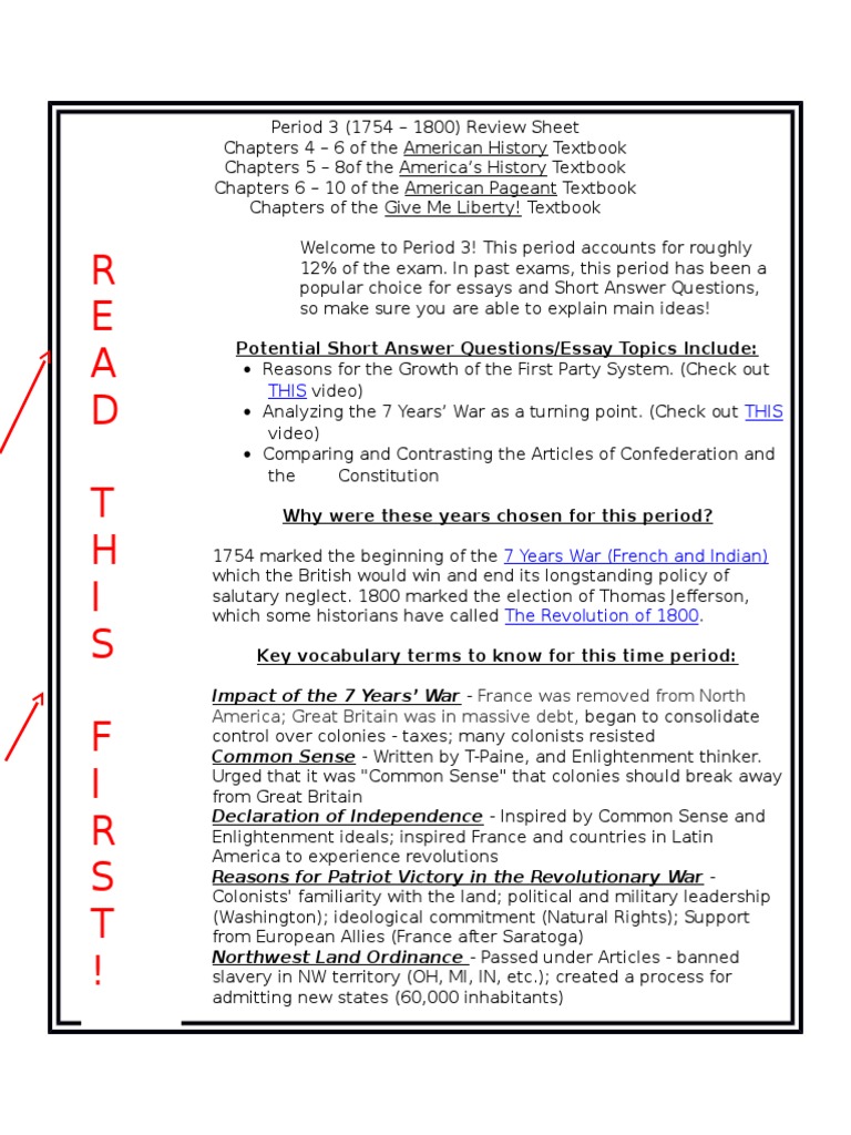 APUSH Period 3 Review Sheet: 1754-1800 | PDF | Alexander Hamilton | Age ...