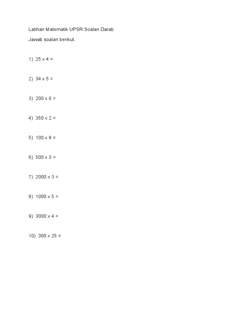 Latihan Matematik UPSR Soalan Darab | PDF