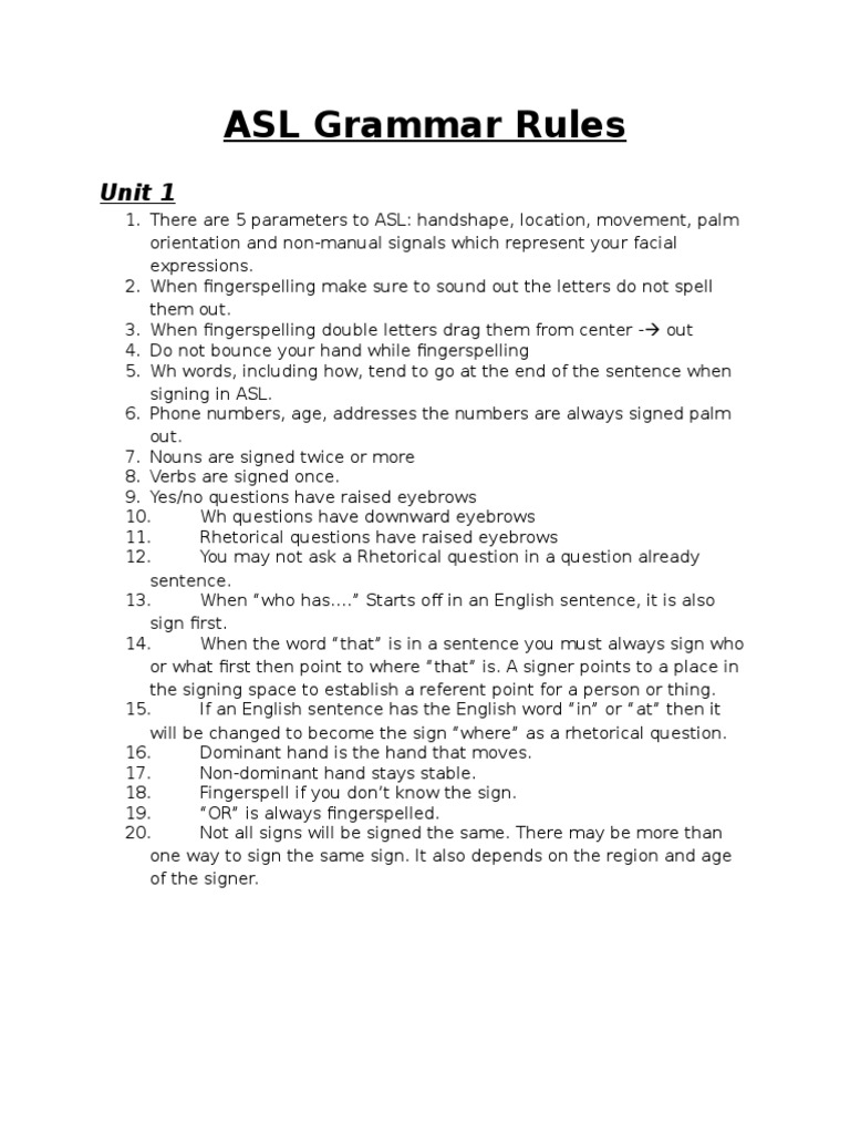 Unit 1 Asl Grammar Rules | PDF