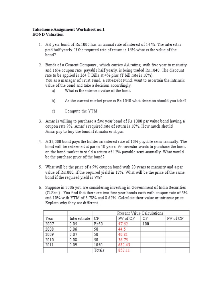 Worksheet No 1 Bond Pricing_2016 | Bonds (Finance) | Yield (Finance)