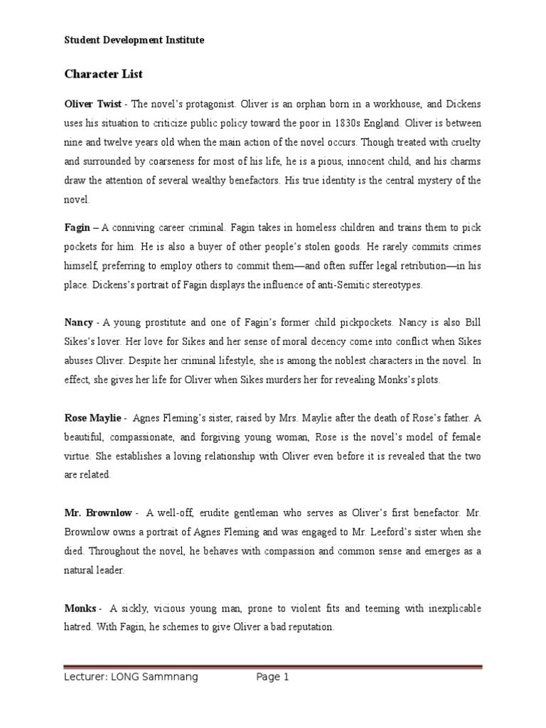 Character List | PDF | Oliver Twist | Nancy (Oliver Twist)