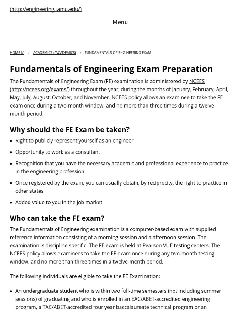 Fundamentals of Engineering Exam - Academics - College of Engineering ...