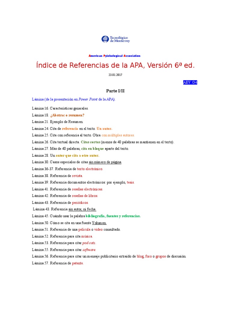 Itesm - Aev - g2 - Indice-De-Referencias-De-La-Apa | PDF