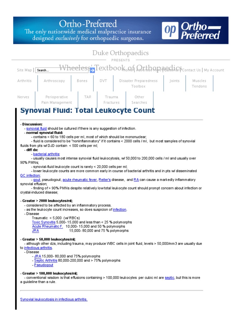 Synovial Fluid - Total Leukocyte Count | PDF | Arthritis | Infection
