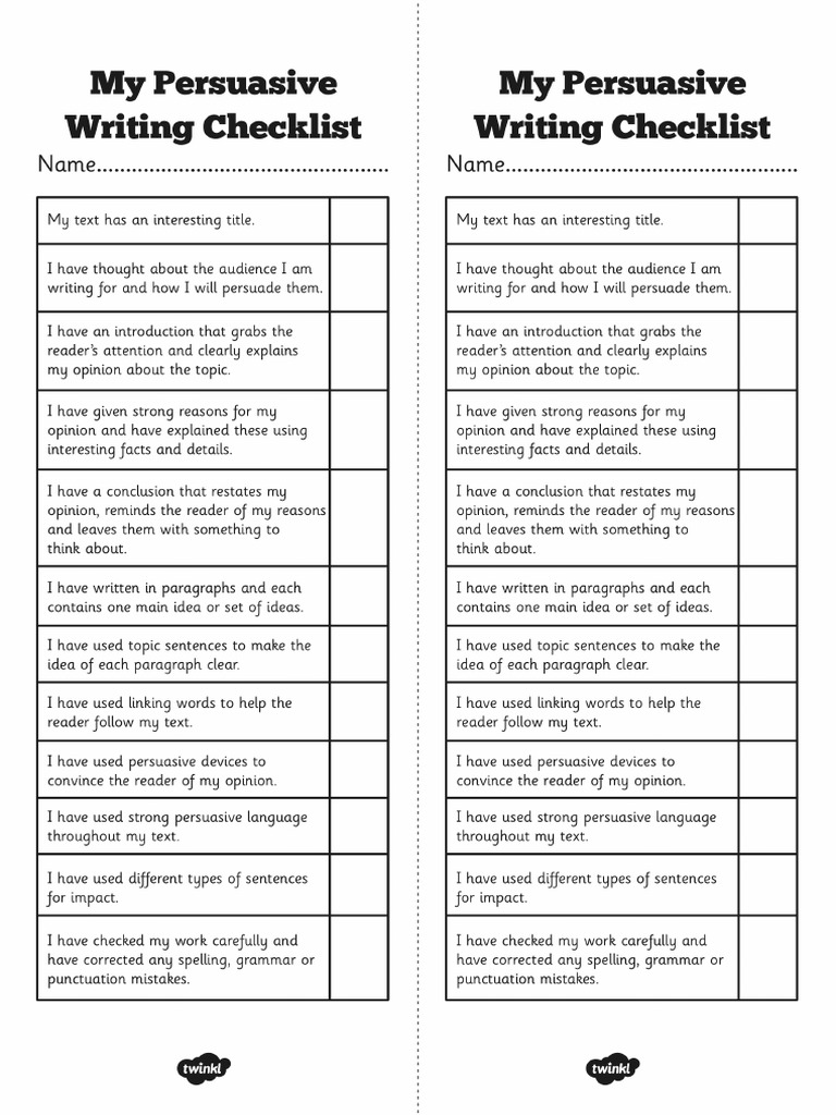 AU T2 E 272 Persuasive Writing Student Checklist | PDF