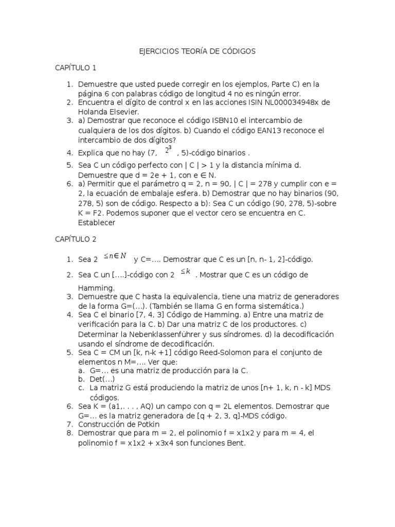 Ejercicios Teoría de Códigos | PDF
