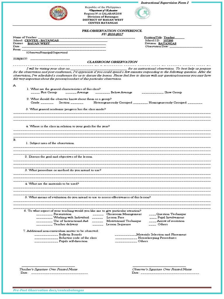 Pre and Post Observation Conference Form 2013 .Centex Edited | PDF ...