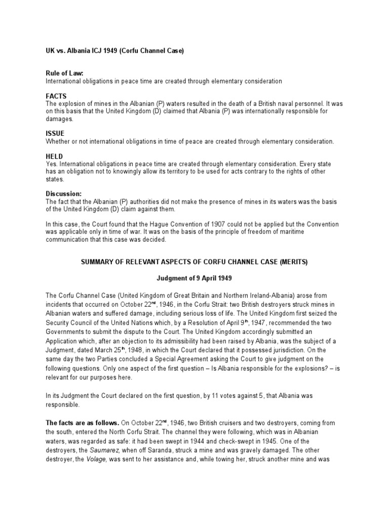 Corfu Channel Case: UK v Albania Summary | PDF | Social Institutions ...