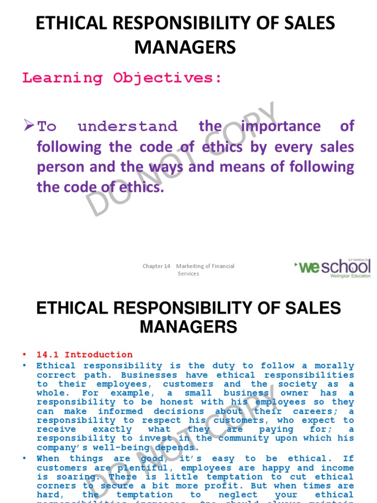 Ethical Responsibility of Sales Managers: Learning Objectives | PDF ...