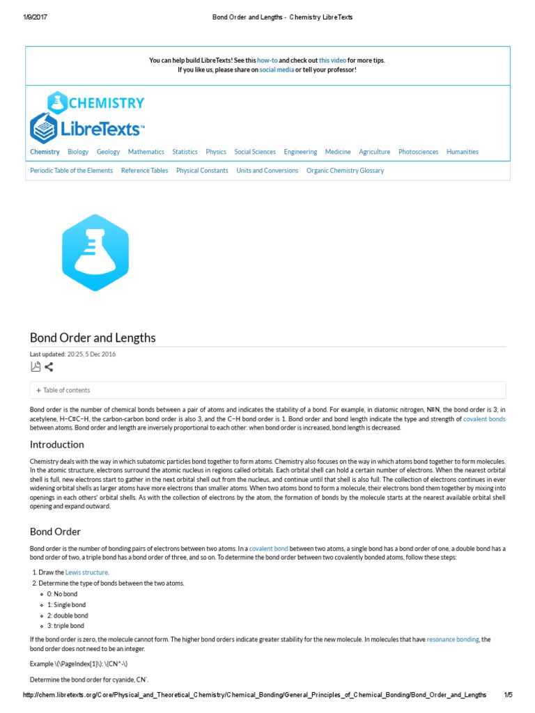 Bond Order and Lengths - Chemistry LibreTexts | PDF | Chemical Bond ...