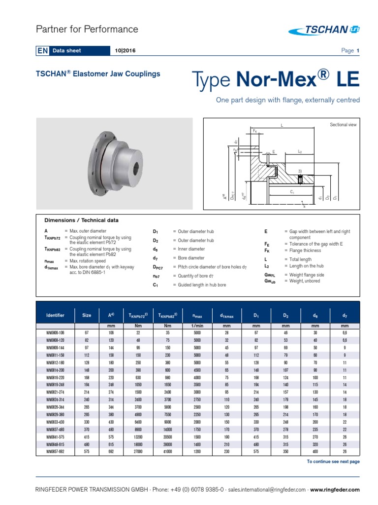 RPT TSCHAN Elastomer Jaw Coupling Nor-Mex LE En | Mechanical Engineering | Manufactured Goods
