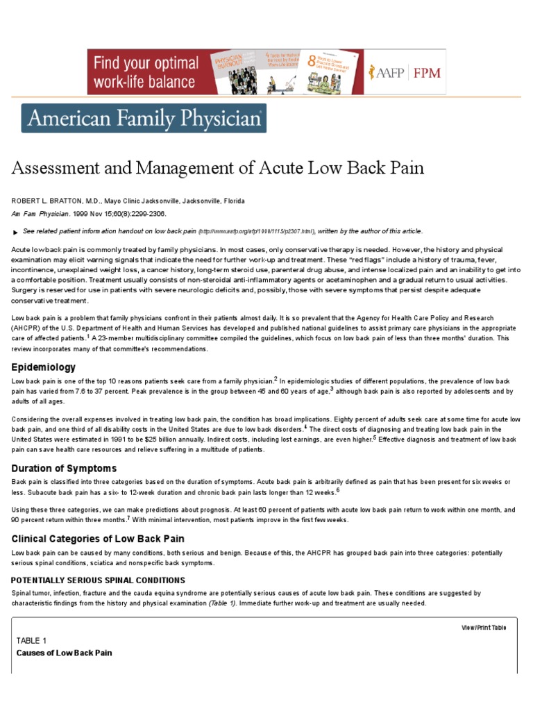Assessment and Management of Acute Low Back Pain | Back Pain | Low Back ...