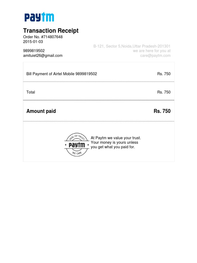 Transaction Receipt: Amount Paid Rs. 750 | PDF