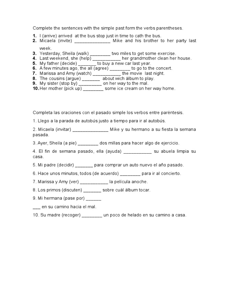 Complete The Sentences With The Simple Past Form The Verbs Parentheses ...