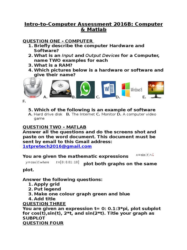 Intro-to-Computer Assessment 2016B: Computer & Matlab: A. B. D. E. F | PDF