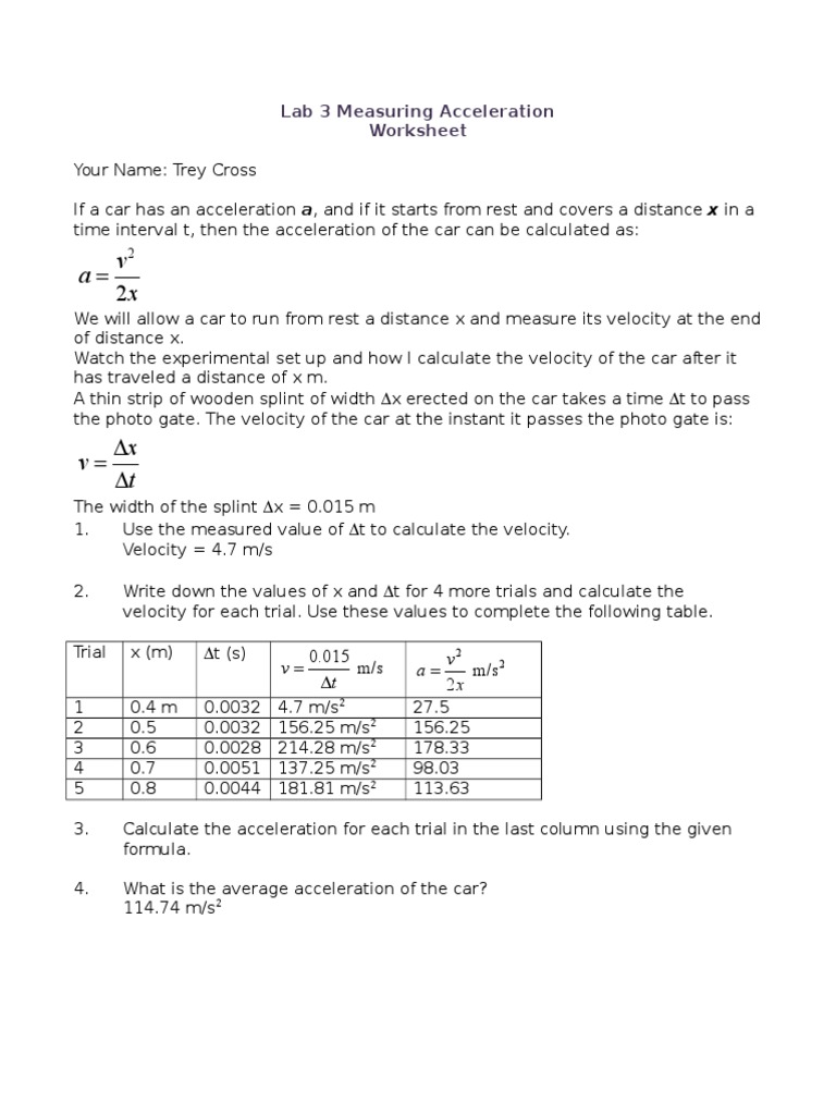 Lab 3 Measuring Acceleration Worksheet: V T V A X | PDF