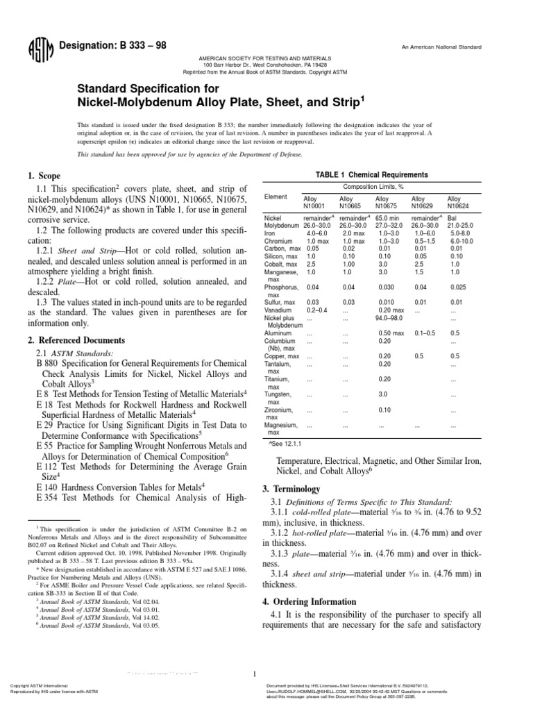 ASTM B333 Ni-Mo Plate | PDF | Sheet Metal | Engineering Tolerance