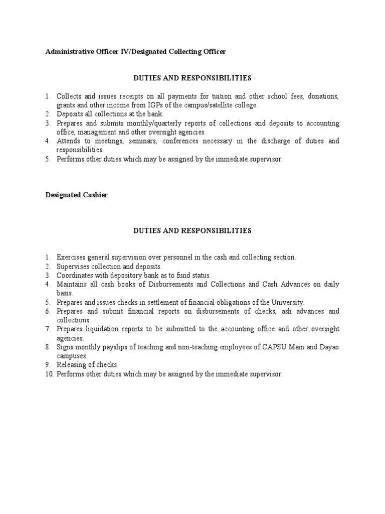 Sample Duties and Responsibilities of Cashier | PDF | Cashier | Banks