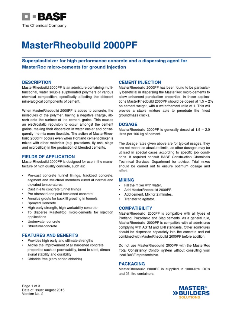 MasterRheobuild 2000PF Overview | PDF | Concrete | Building Materials