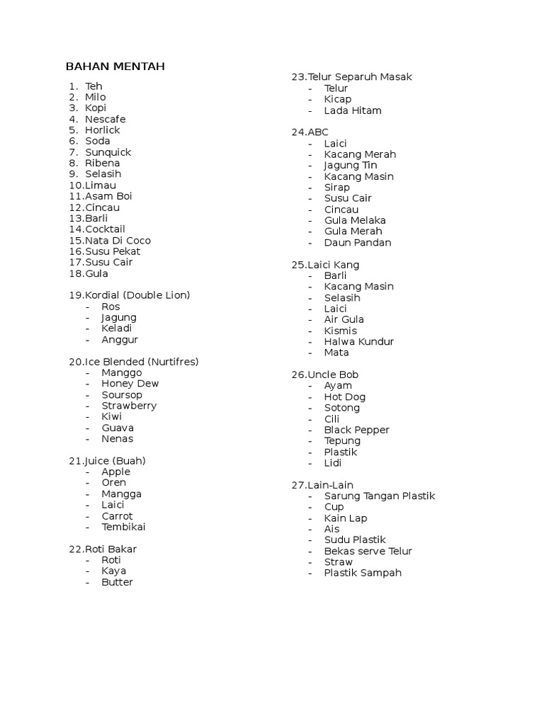 List Bahan Mentah | PDF