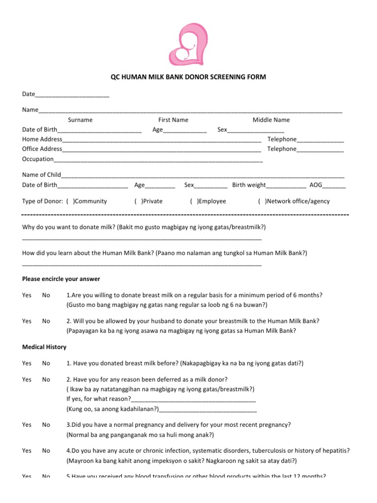 Human Milk Bank Donor Screening Form | Blood Donation | Breast Milk
