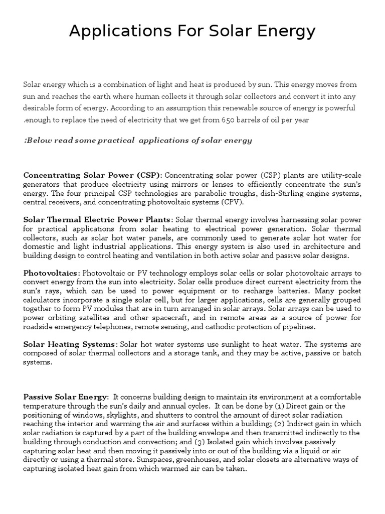 Applications For Solar Energy | PDF | Solar Energy | Photovoltaics