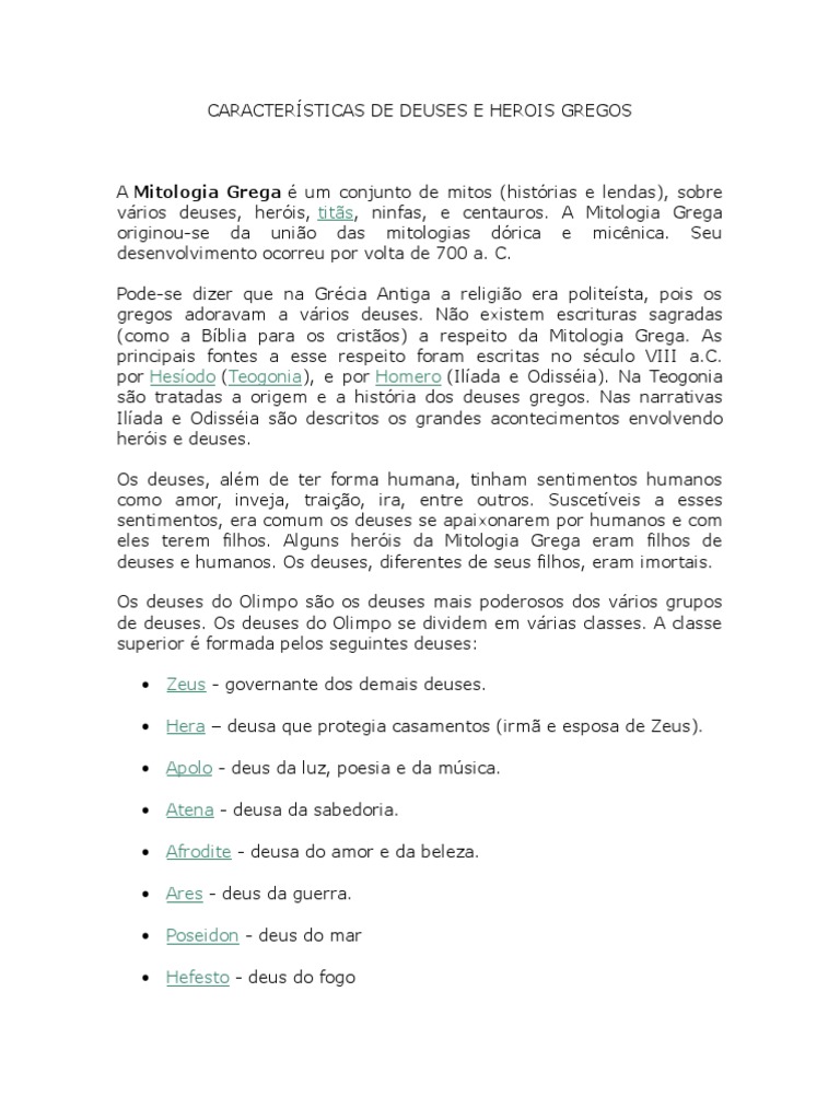 Características de Deuses e Herois Gregos | PDF