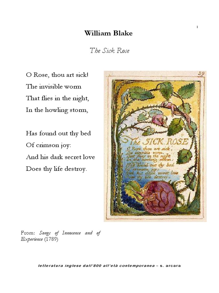 William Blake The Sick Rose: O Rose, Thou Art Sick! The Invisible Worm ...