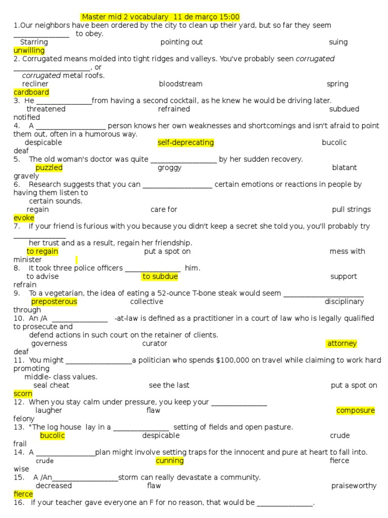 Master Mid 2 Vocabulary | PDF