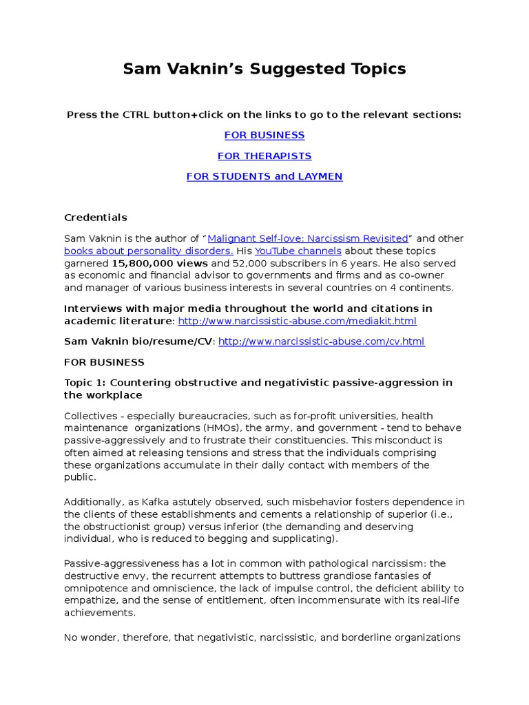 Sam Vaknin Lectures and Seminars Topics: Economics, Finance, and ...